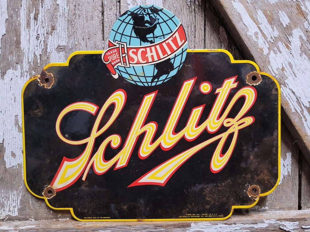 VINTAGE SCHLITZ Porcelain Sign Beer Alcohol Bar Gas Motor Oil Soda Beverage Service Gun ...