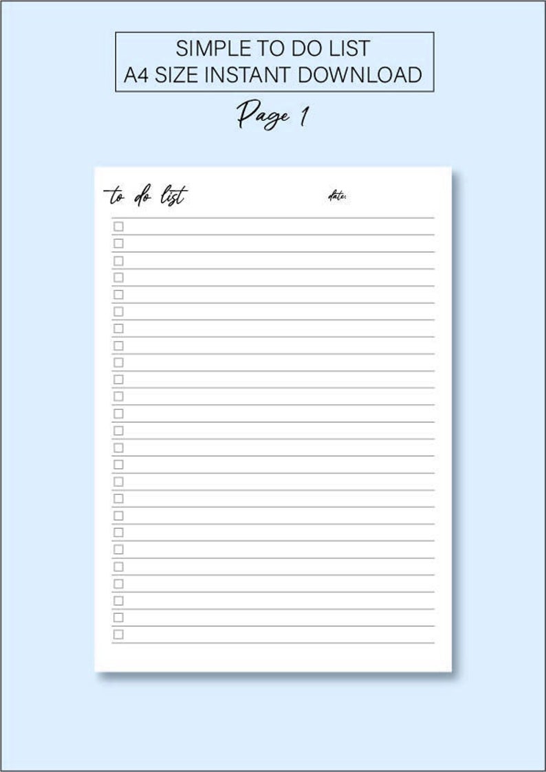 Simple to Do List, Printable Template, Instant Download PDF Two Page ...