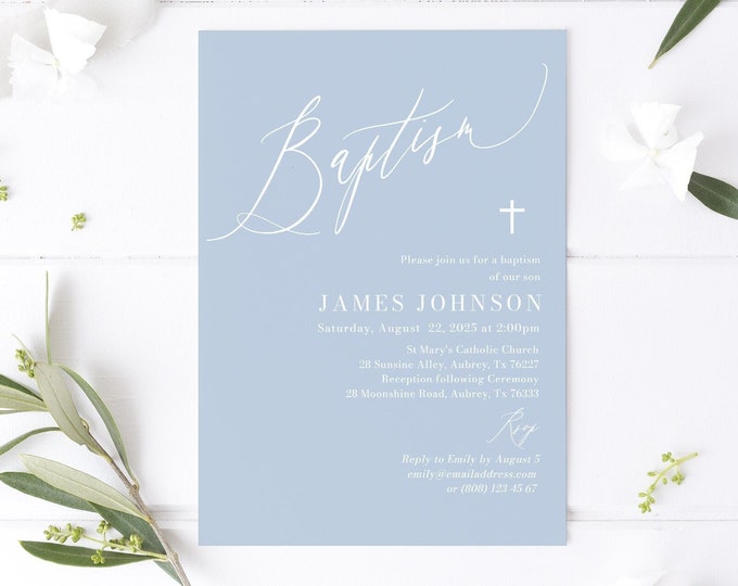 Dusty Blue Baptism Invitation Template, White Cross Dusty Blue ...