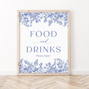 Blue Floral Food and Drinks Sign Template, Vintage Botanical Wedding ...