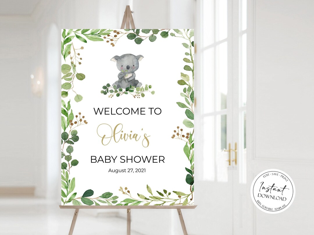 Editable Koala Baby Shower Welcome Sign Template Greenery Gender ...