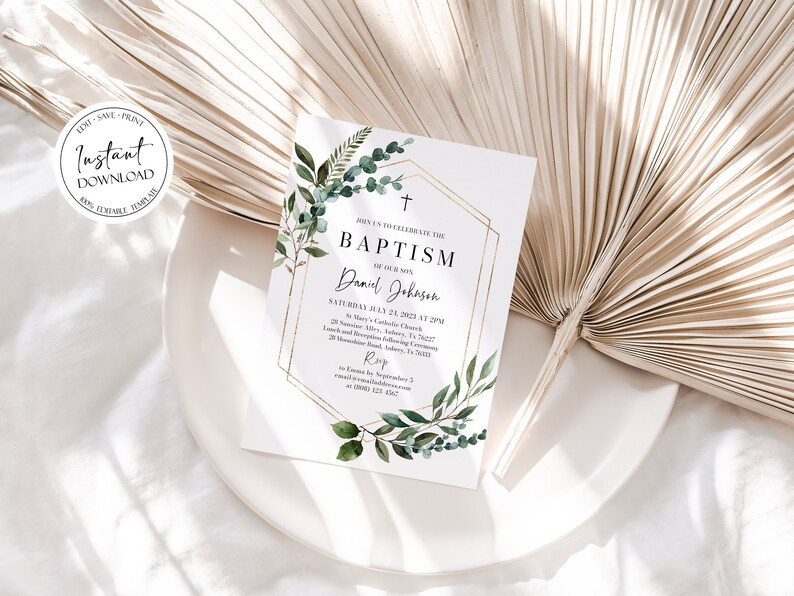 Greenery Gold Baptism Invitation Bundle Editable Boy - Etsy