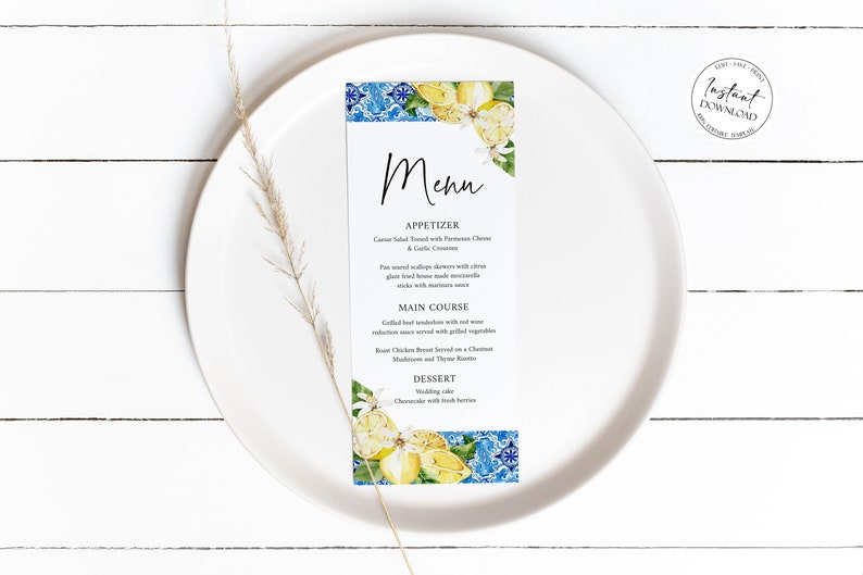 Blue Tiles Lemon Wedding Menu Template Editable Italian - Etsy