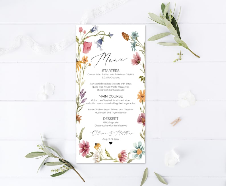 Wildflower Menu Card Wildflower Wedding Menu Template - Etsy