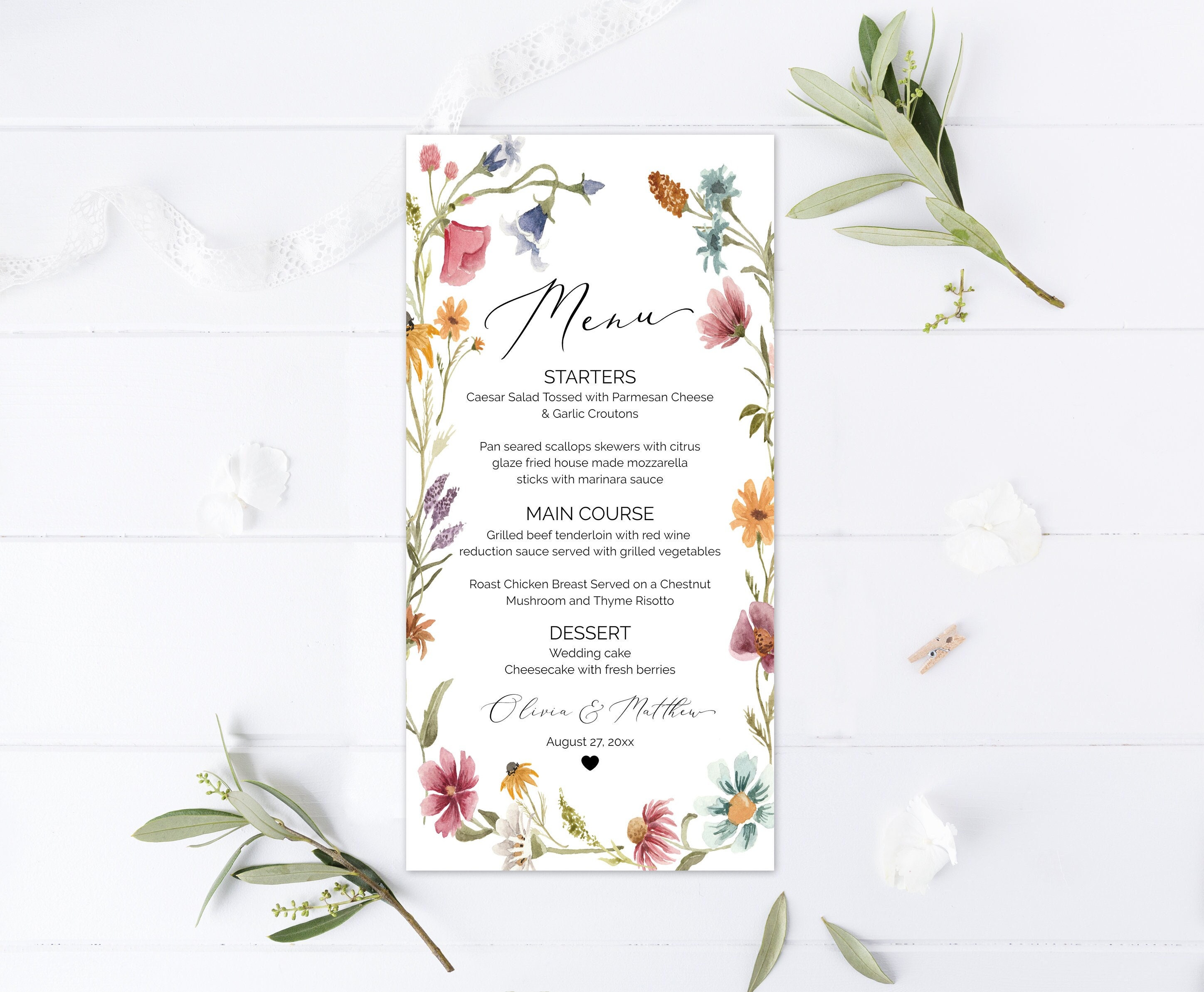 Wildflower Menu Card Wildflower Wedding Menu Template - Etsy