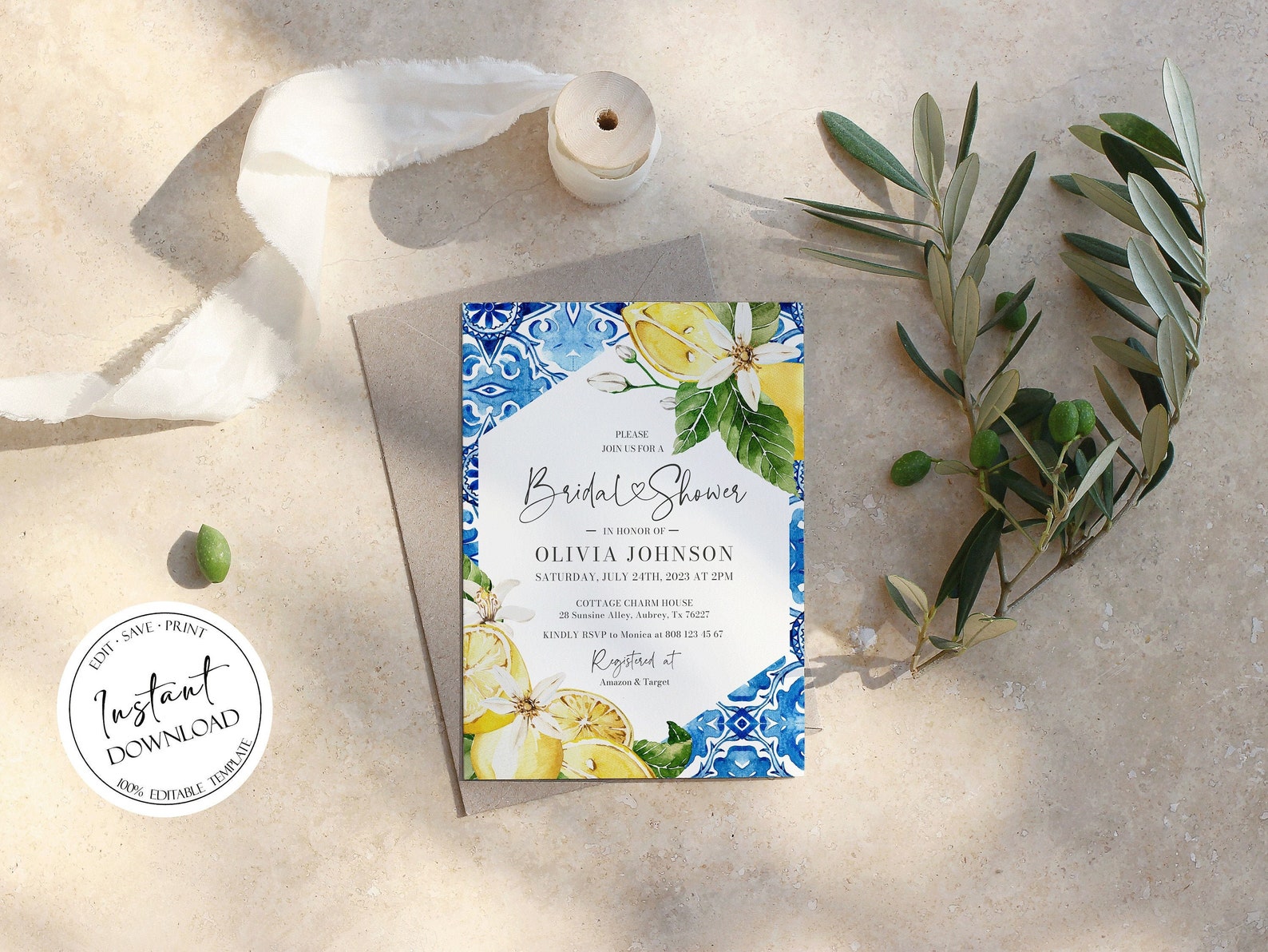 Italian Blue Tile Lemon Bridal Shower Invitation Template Mediterranean ...