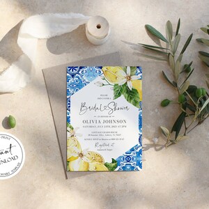 Italian Blue Tile Lemon Bridal Shower Invitation Template Mediterranean ...