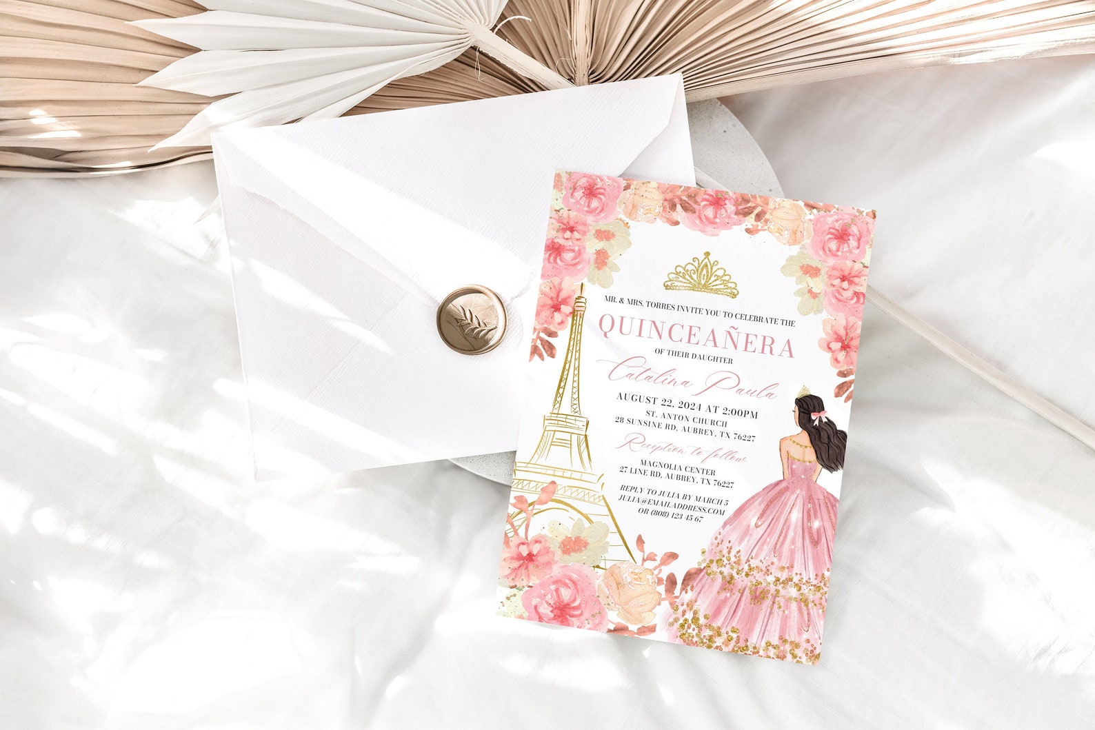 Blush Pink Floral Quinceanera Invitation, Paris Quinceanera Invite, Mis ...
