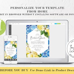Italian Blue Tile Lemon Bridal Shower Invitation Template Mediterranean ...