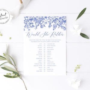Blue Floral Would She Rather Bridal Shower Game, Printable Vintage ...