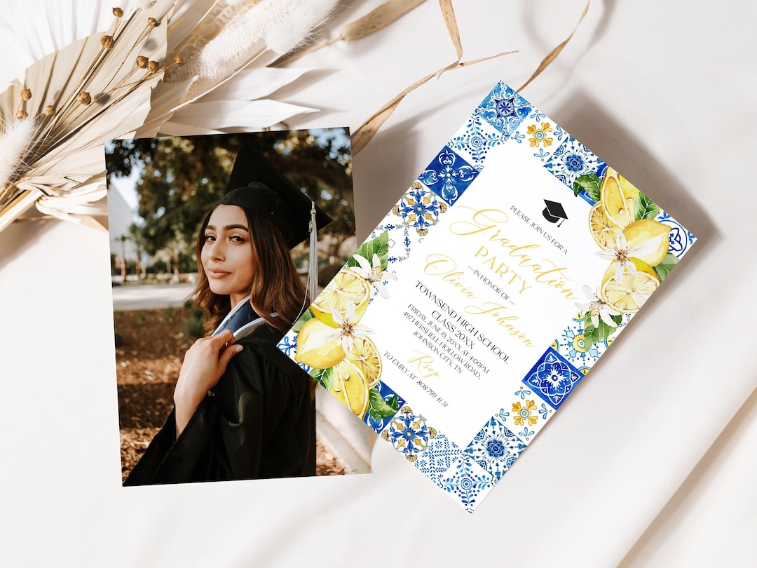 Editable Photo Italian Blue Tile Lemons Graduation Invitation, Italian ...
