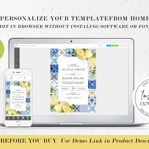 Positano Blue Tiles Lemon Wedding Invitation Set, Mediterranean Wedding ...