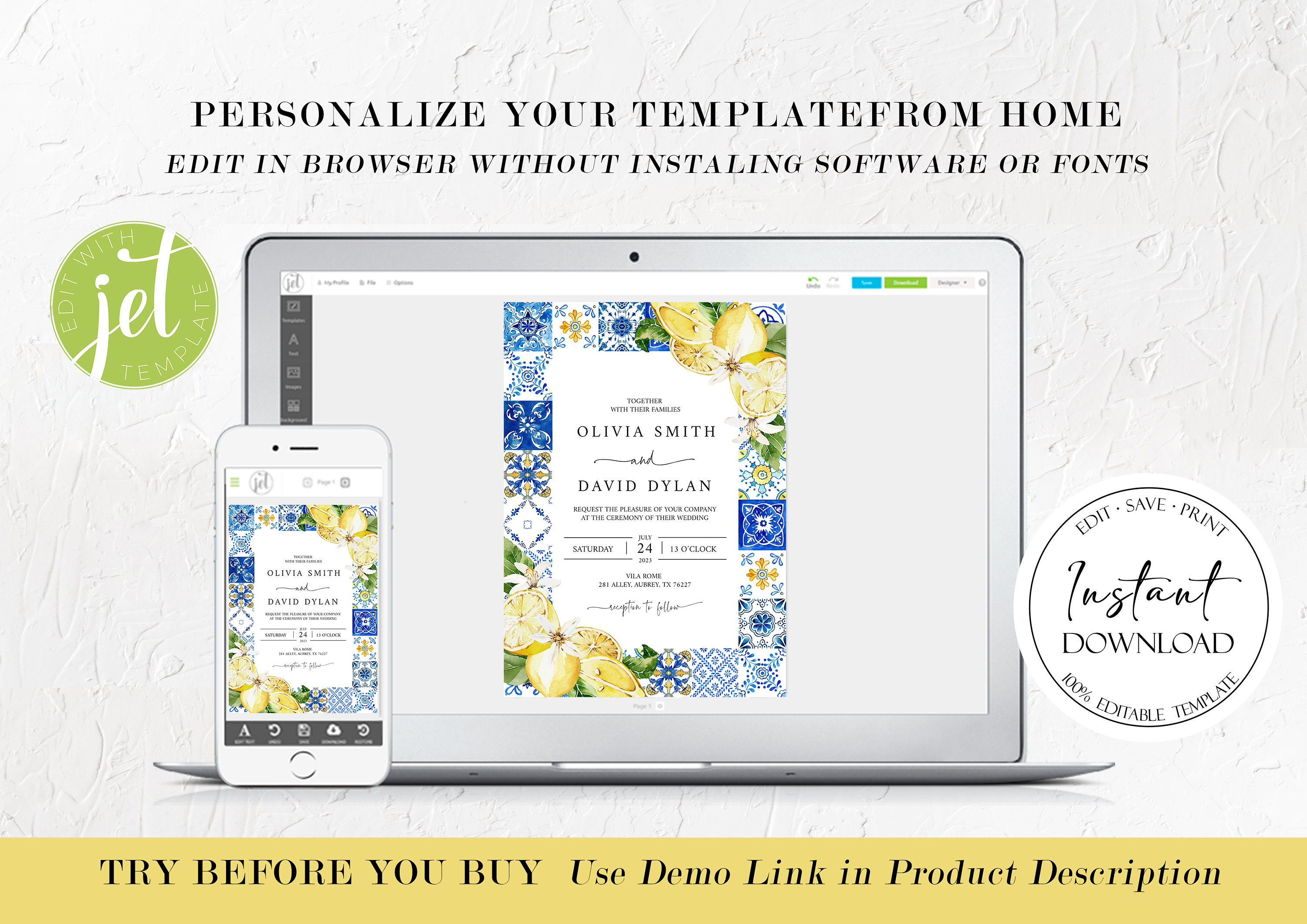 Positano Blue Tiles Lemon Wedding Invitation Set, Mediterranean Wedding ...