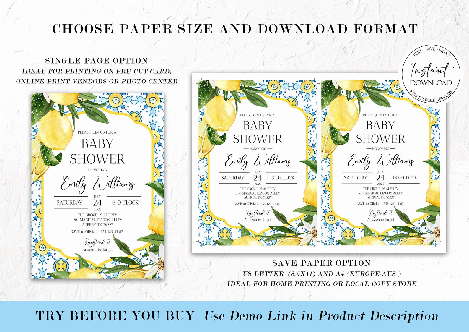 Positano Blue Tile Lemons Baby Shower Invitation Bundle - Etsy