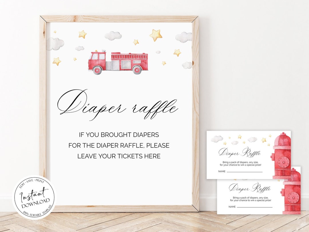 Firetruck Diaper Raffle, Printable Firefighter Diaper Raffle Cards and ...