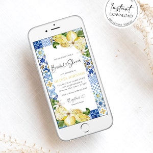 Digital Italian Blue Tile Lemon Bridal Shower Invitation, Mediterranean ...