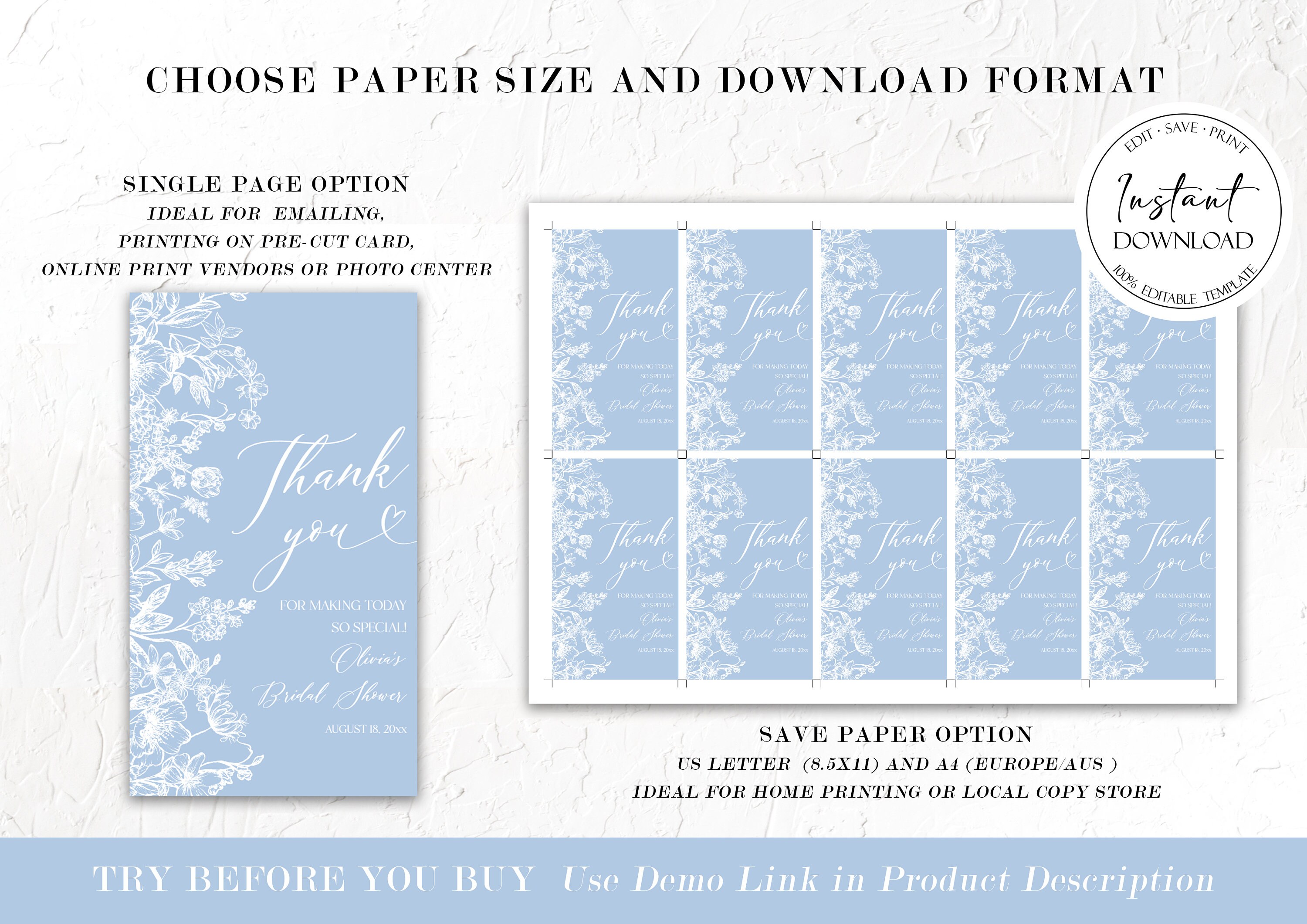 Dusty Blue Bridal Shower Favor Tags, Vintage Botanical Thank You Tags ...