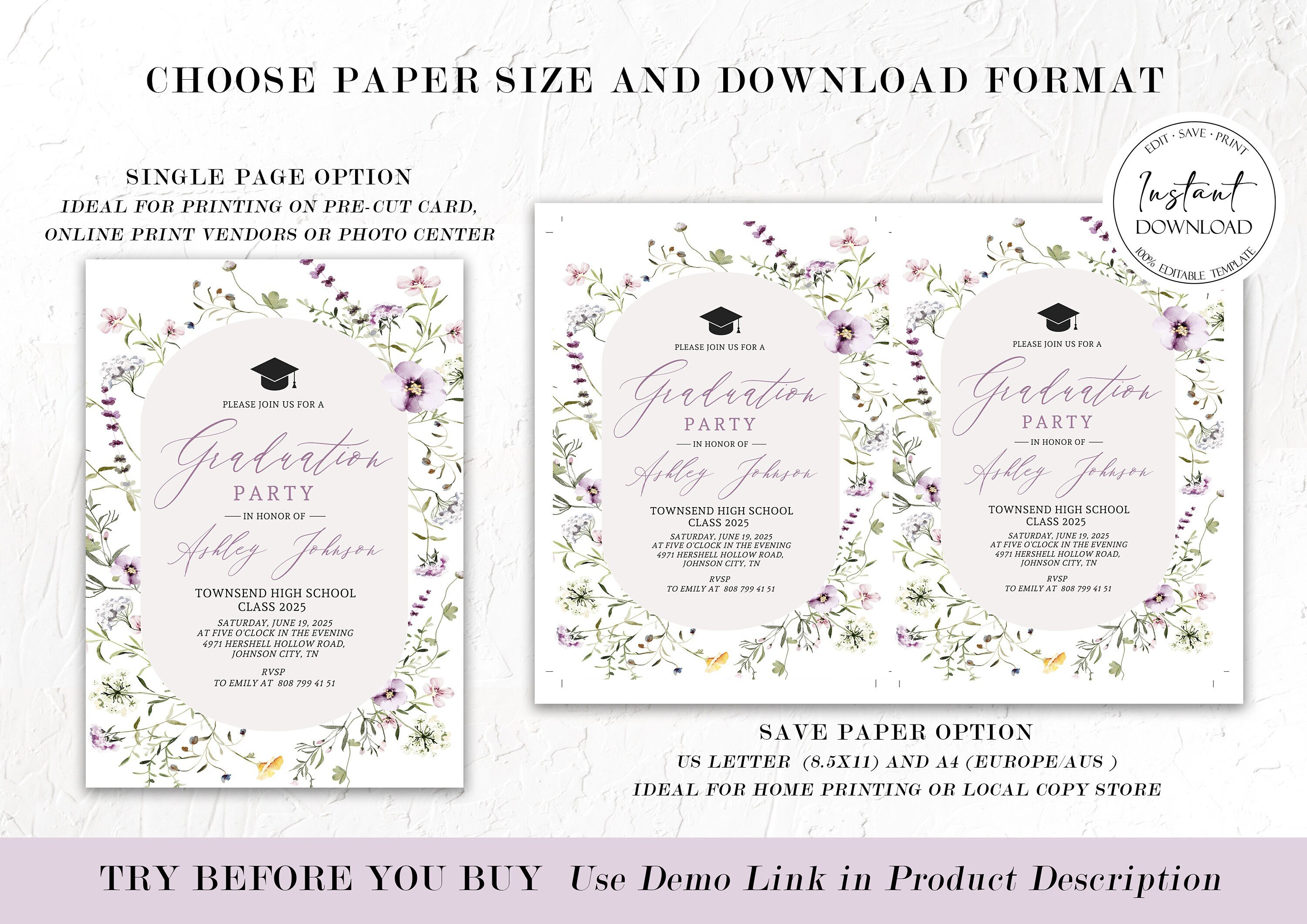 Wildflower Graduation Invitation Template Class 2023 - Etsy