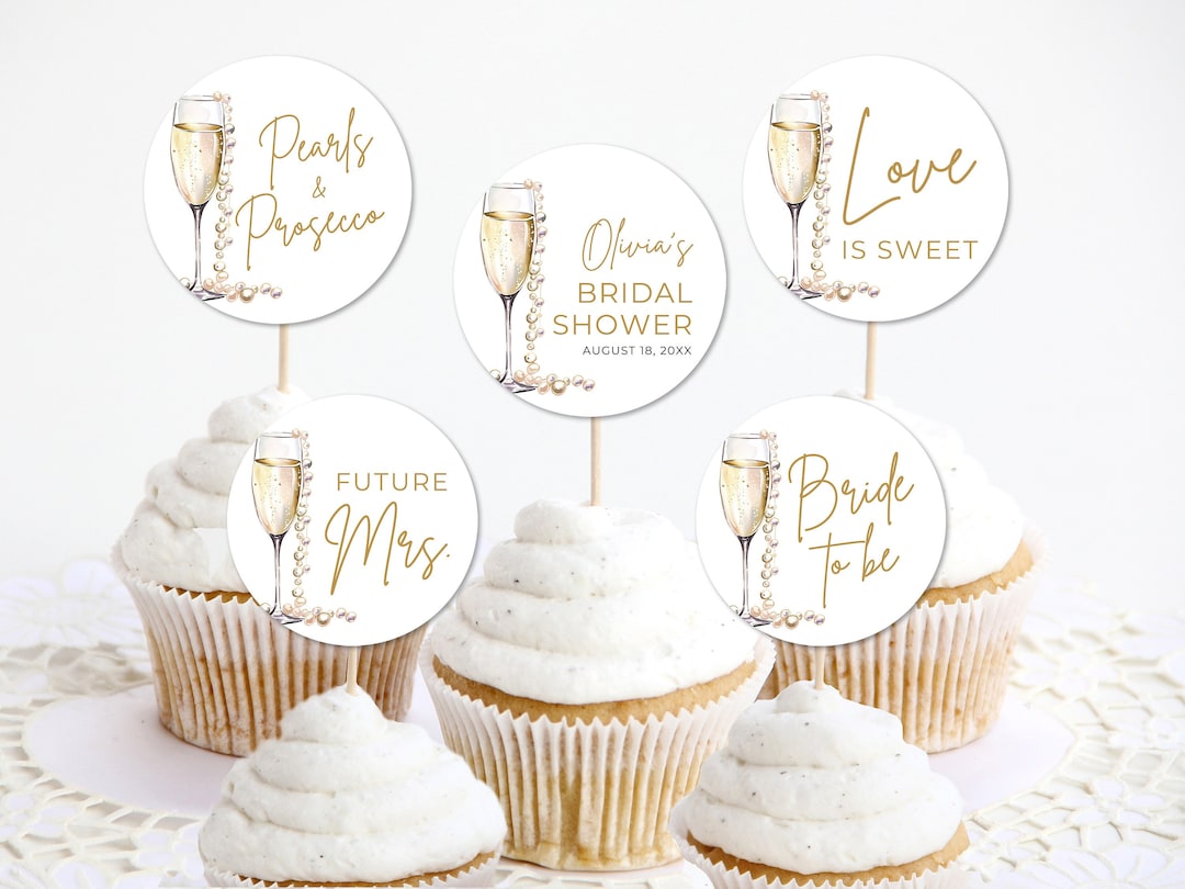 Pearls and Prosecco Bridal Shower Cupcake Toppers, Printable Minimalist ...