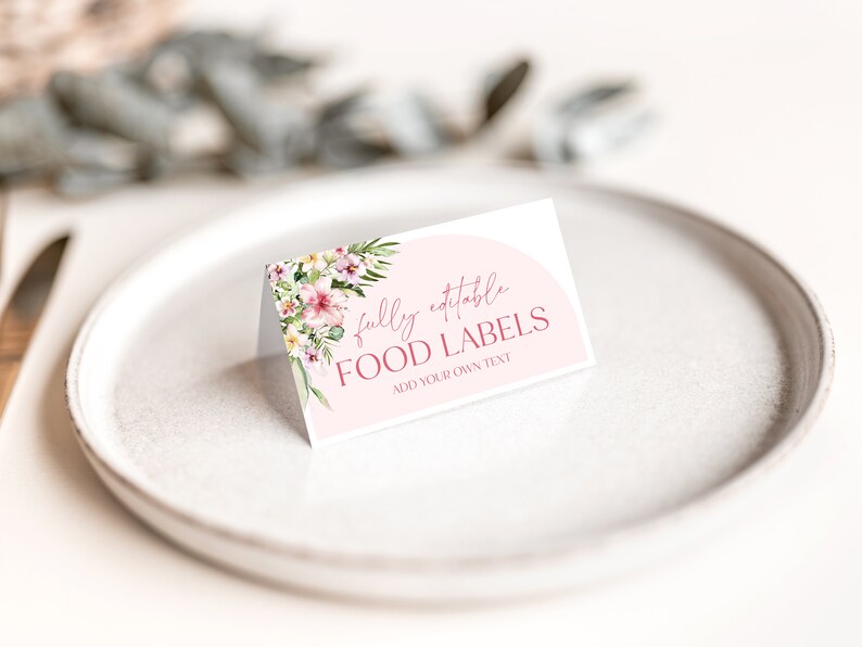 Hawaiian Food Labels Printable Modern Hot Pink Floral Food Tent Cards ...