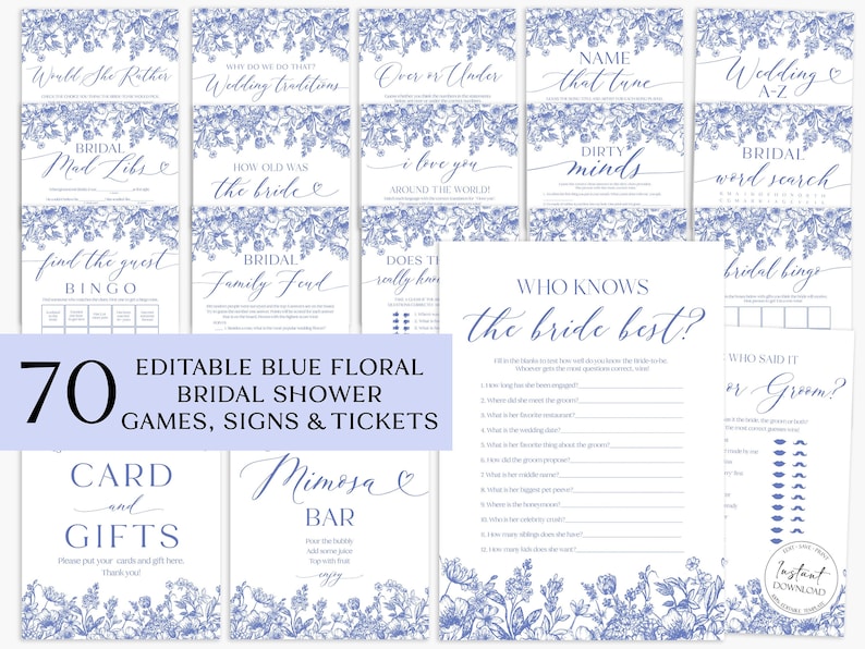 Editable Blue Floral Bridal Shower Games, Vintage Botanical Bridal ...