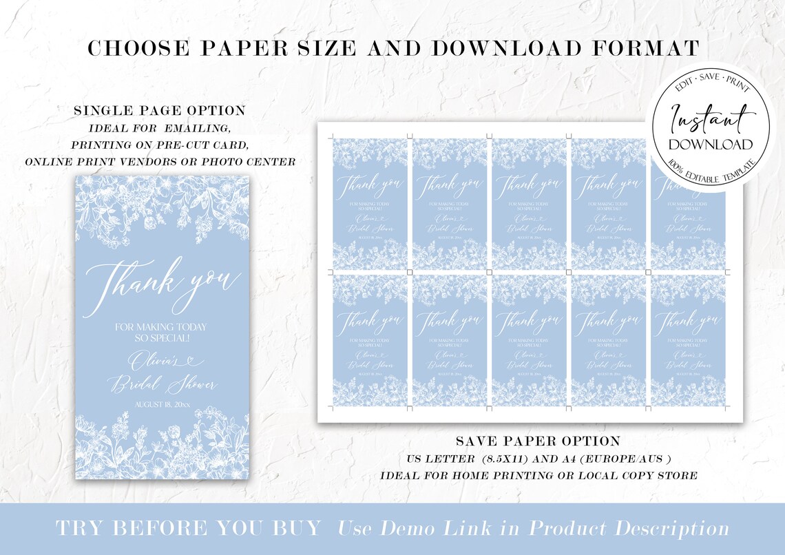 Dusty Blue Bridal Shower Favor Tags, Vintage Botanical Thank You Tags ...