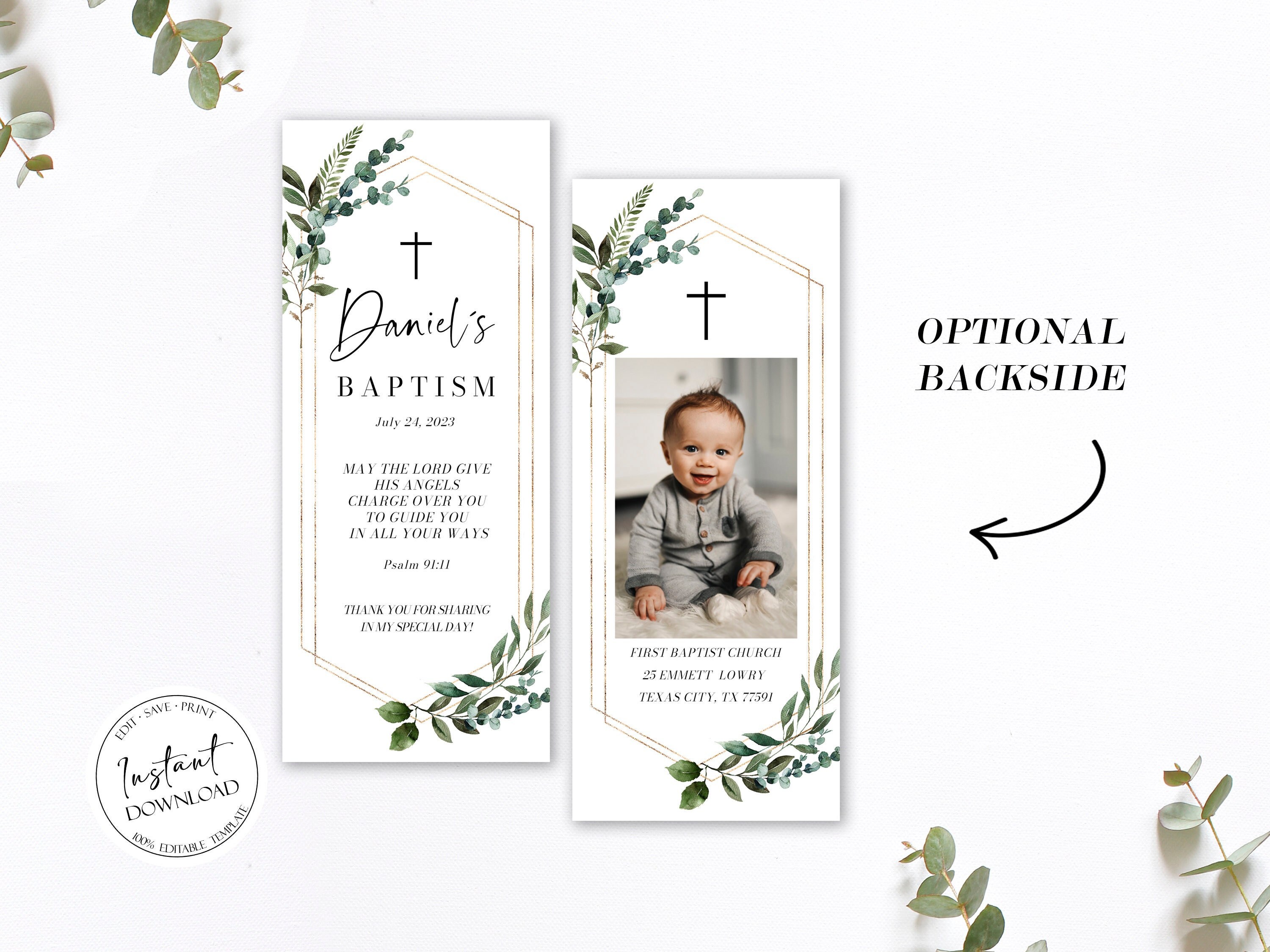 Greenery Baptism Bookmark Template Editable Baptism Bookmark - Etsy