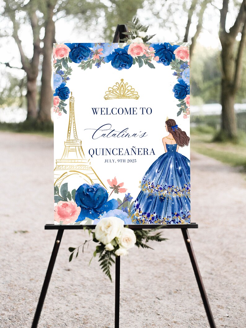 Royal Blue Pink Floral Quinceanera Welcome Sign Paris Eiffel - Etsy