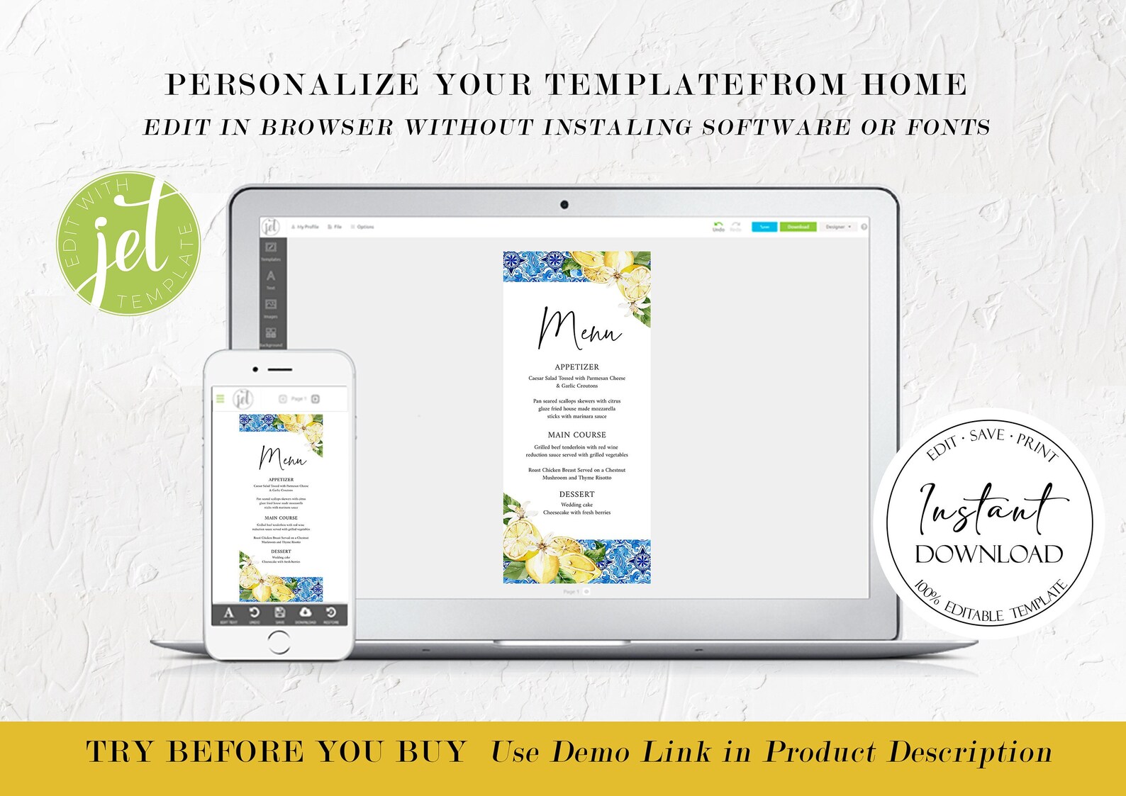Blue Tiles Lemon Wedding Menu Template Editable Italian - Etsy