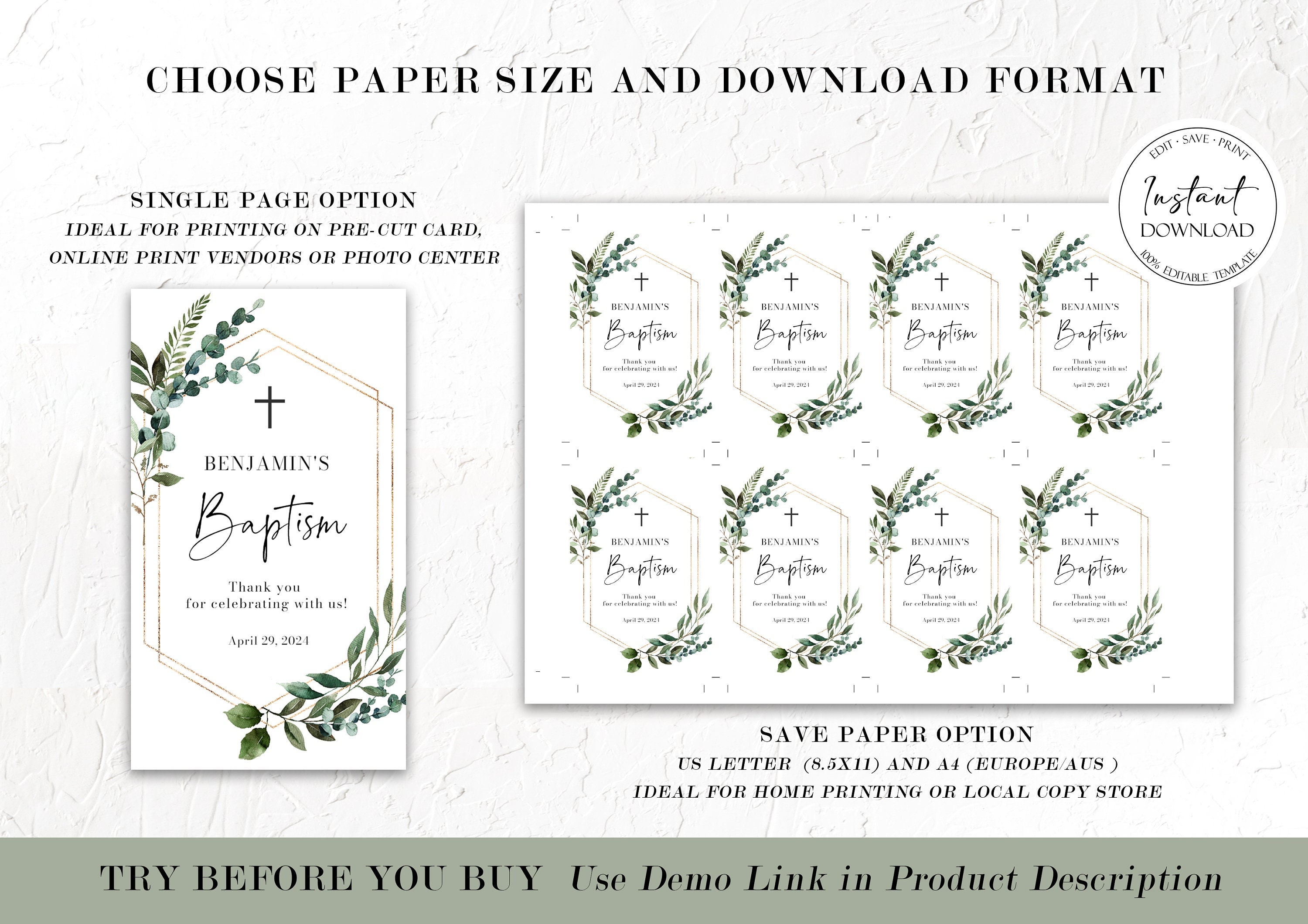 Greenery Baptism Favor Tag Template Editable Lush Greenery - Etsy