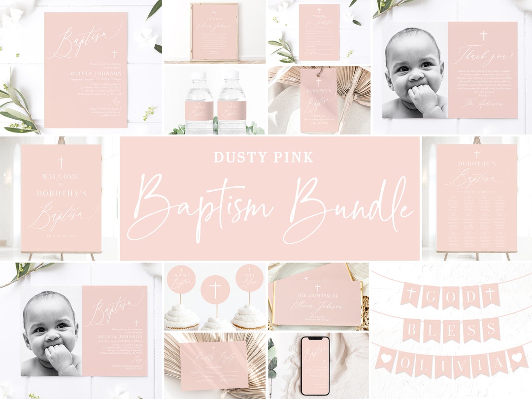 Dusty Pink Baptism Invitation Bundle, Editable Pink Girl Christening Bundle, Pink Girl Baptism ...