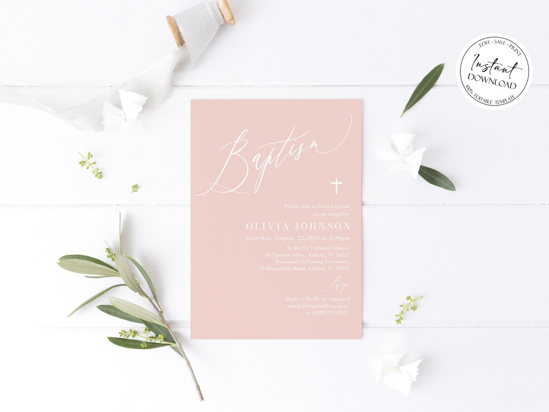 Blush Pink Baptism Invitation, White Cross Dusty Pink Christening ...