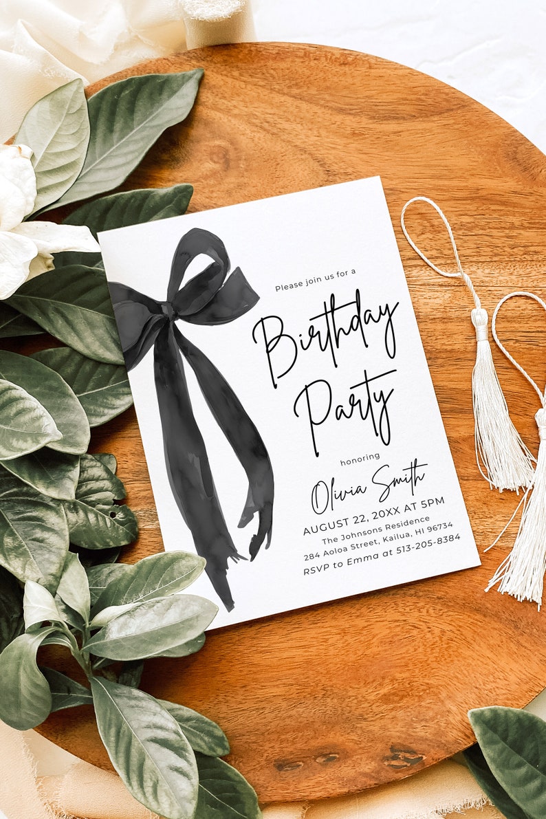 Black Bow Birthday Invitation Template: Minimalist Coquette Invite ...