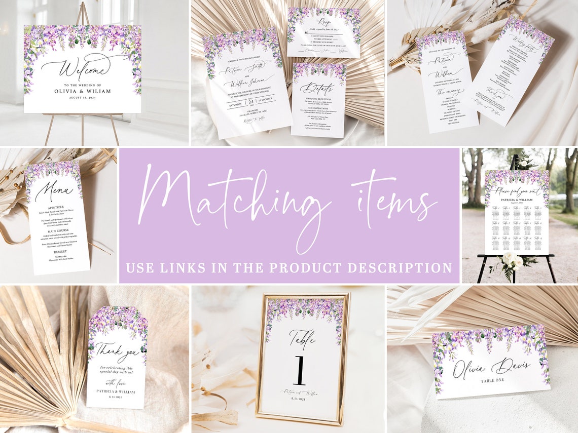 Wisteria Wedding Place Cards Template Editable Light Purple - Etsy