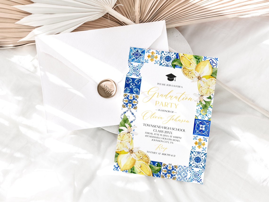 Editable Photo Italian Blue Tile Lemons Graduation Invitation, Italian ...
