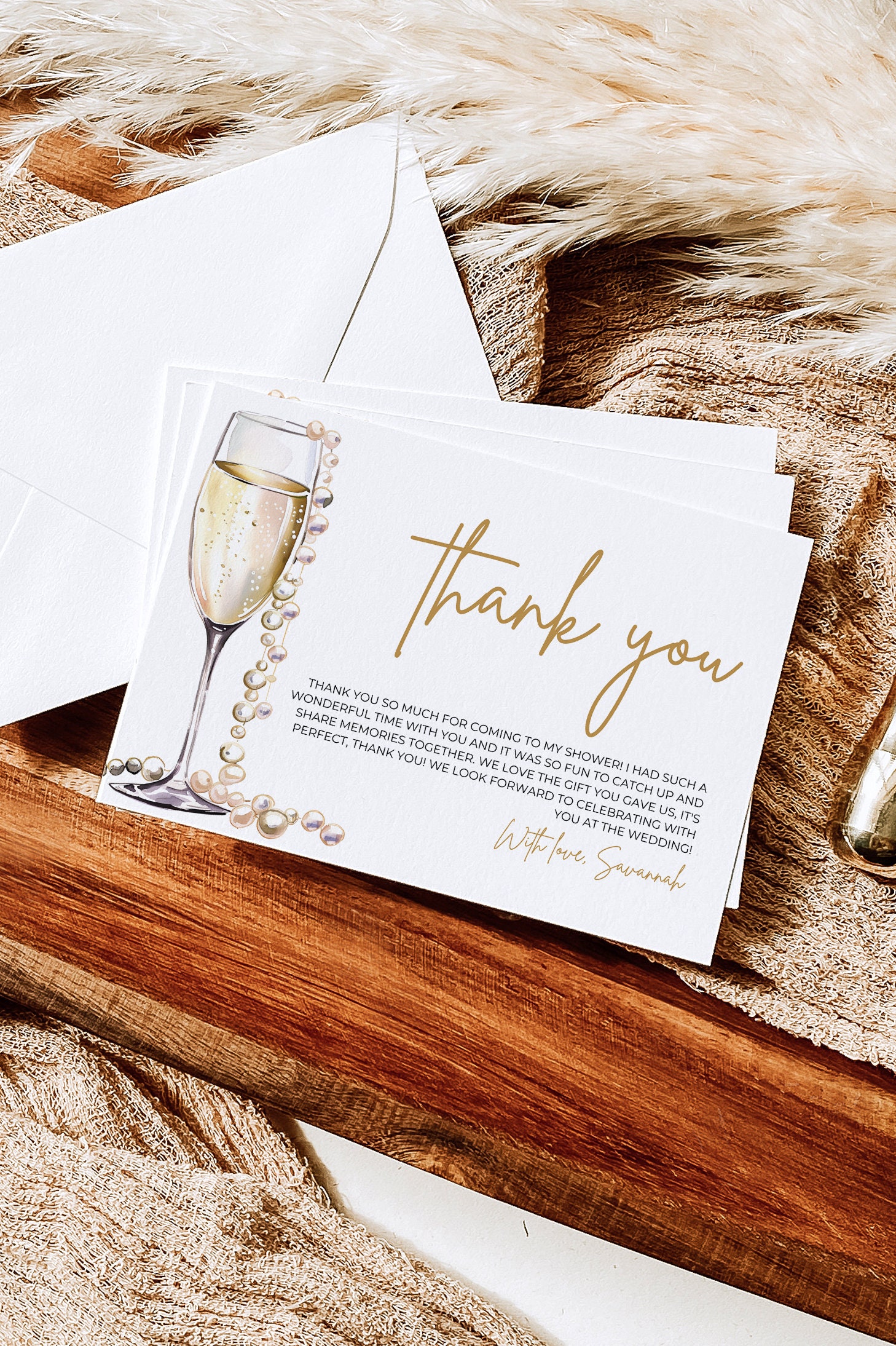 Pearls & Prosecco Bridal Shower Thank You Card Template (digital ...