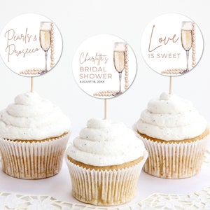 Pearls and Prosecco Bridal Shower Cupcake Toppers, Printable Minimalist ...