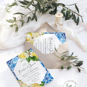Italian Blue Tile Lemon Bridal Shower Invitation Template Mediterranean ...