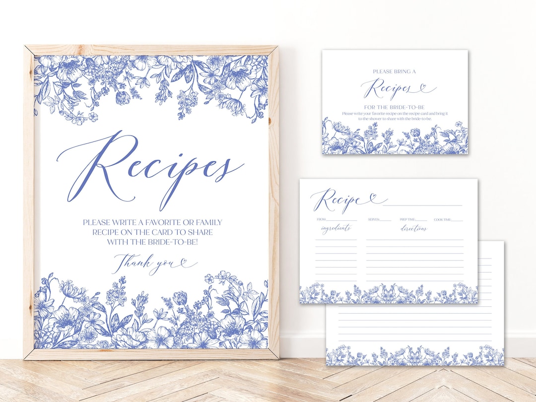 Blue Floral Recipe Card Template, Editable Blue Vintage Floral Bridal ...