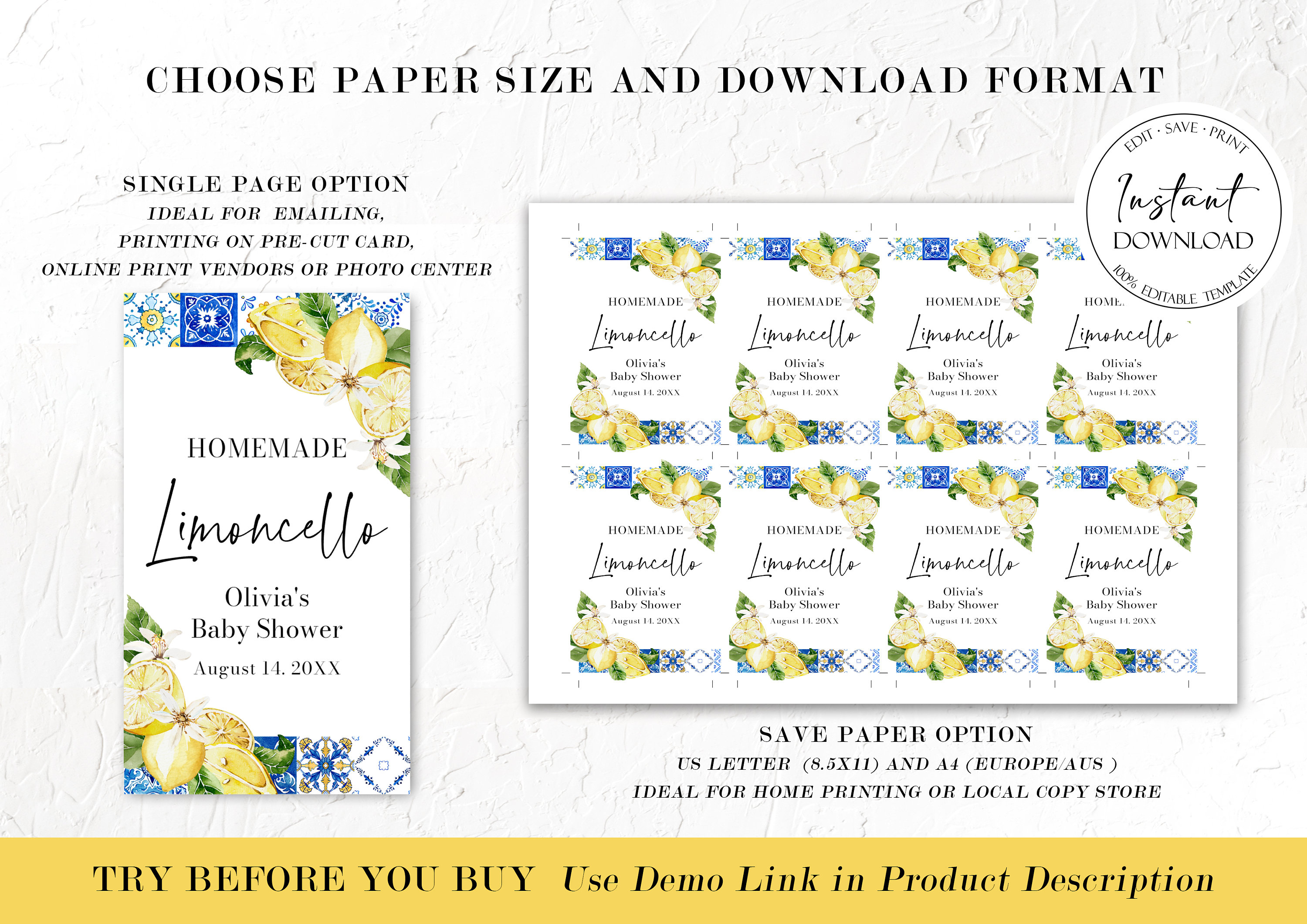 Editable Blue Tiles Lemons Homemade Limoncello Favour Tags, Printable ...