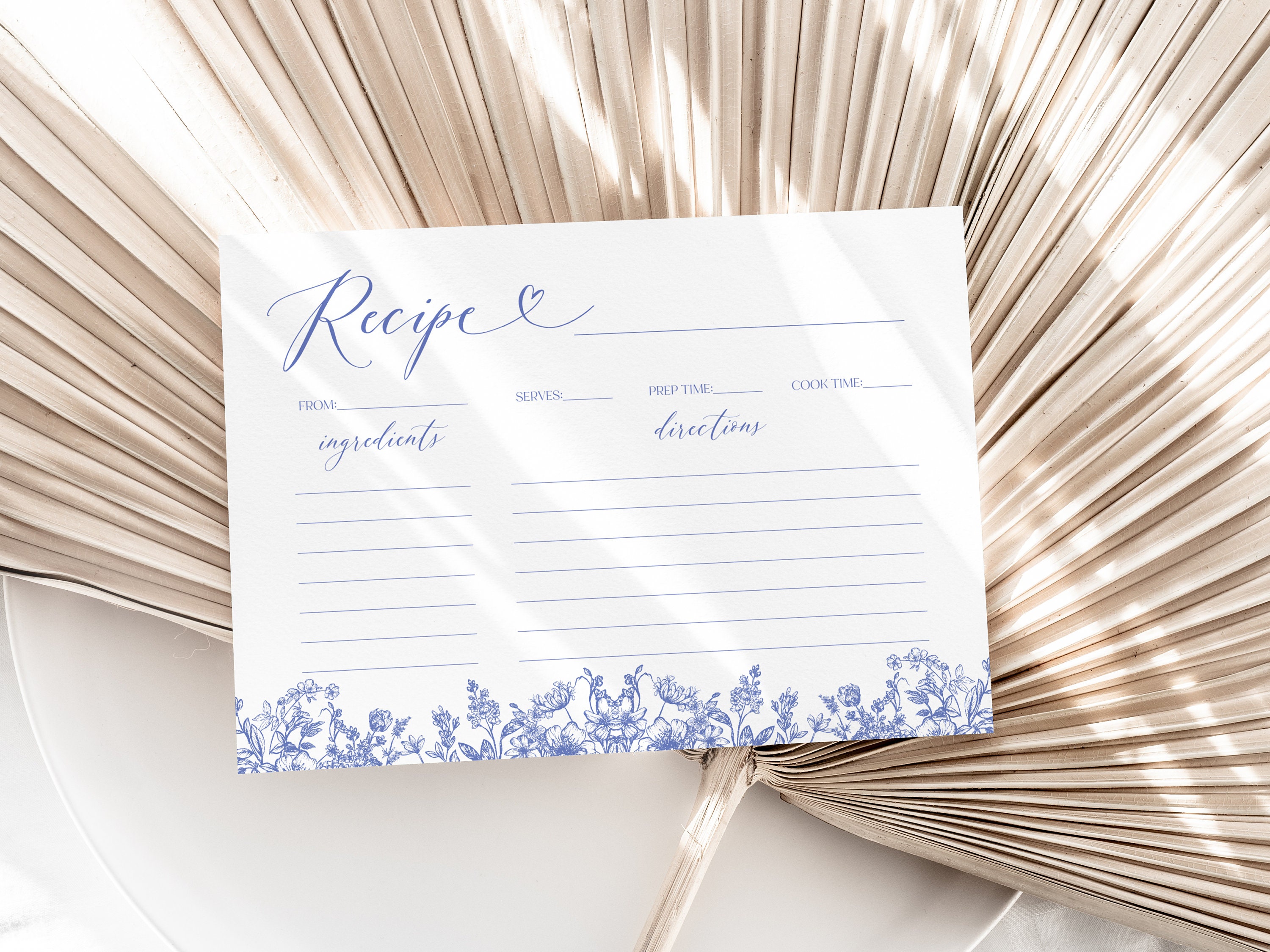 Blue Floral Recipe Card Template, Editable Blue Vintage Floral Bridal ...