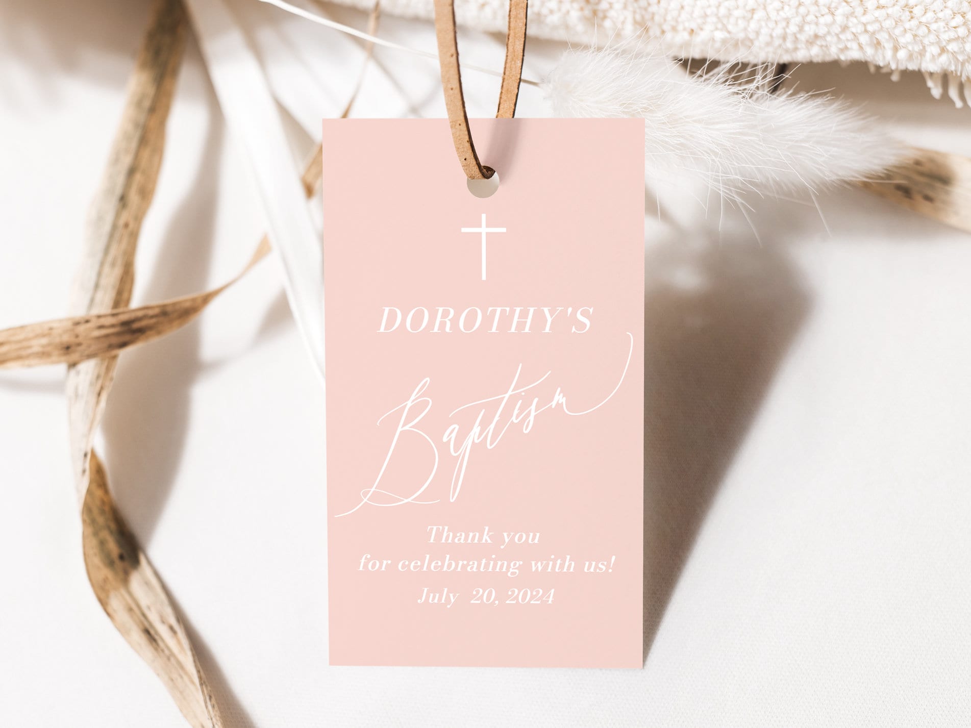 Dusty Pink Baptism Favor Tag Template, White Cross Blush Pink ...
