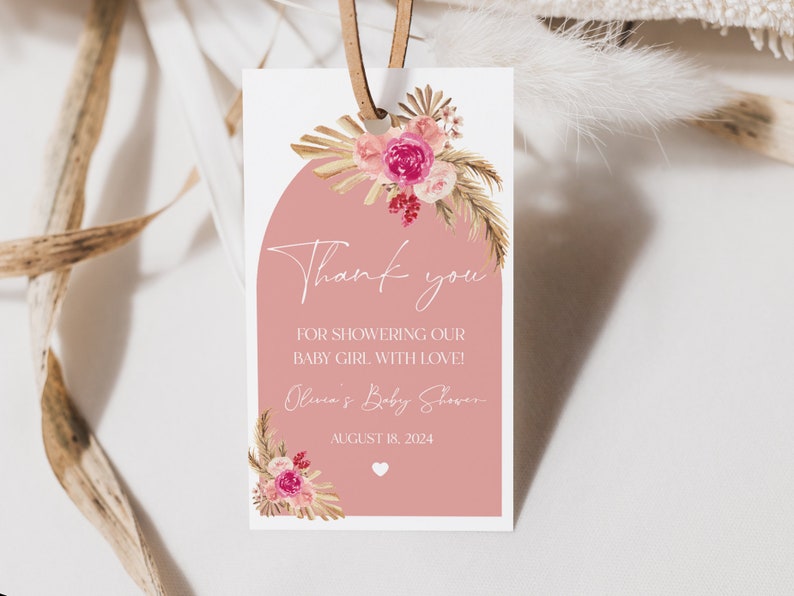 Pink Boho Baby Shower Favor Tag Template Editable Arch Pampas - Etsy