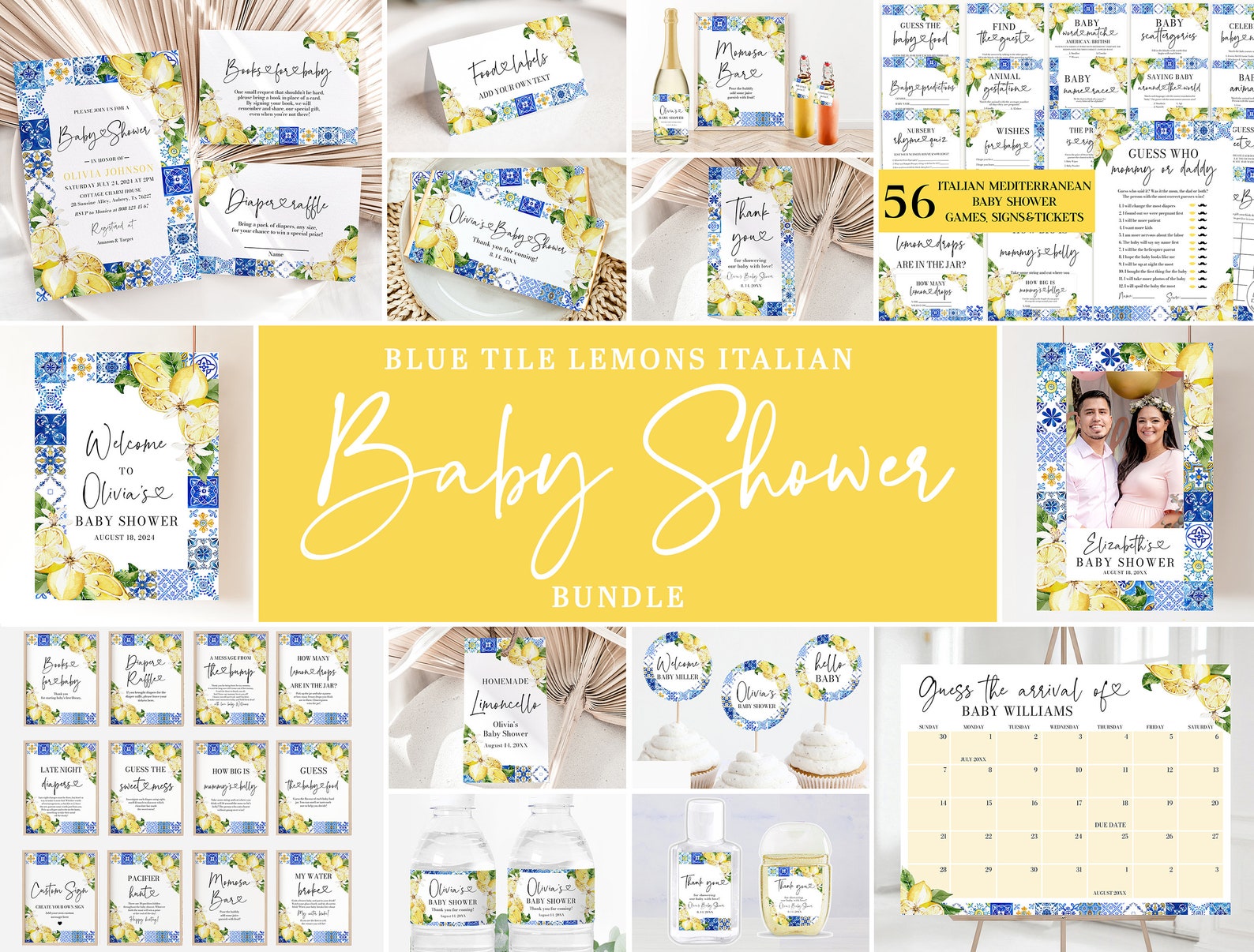 Positano Blue Tiles Lemon Baby Shower Invitation Bundle, Gender Neutral ...