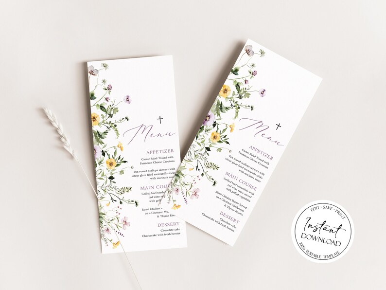Wildflower Baptism Menu Card Template Editable Baptism Menu - Etsy