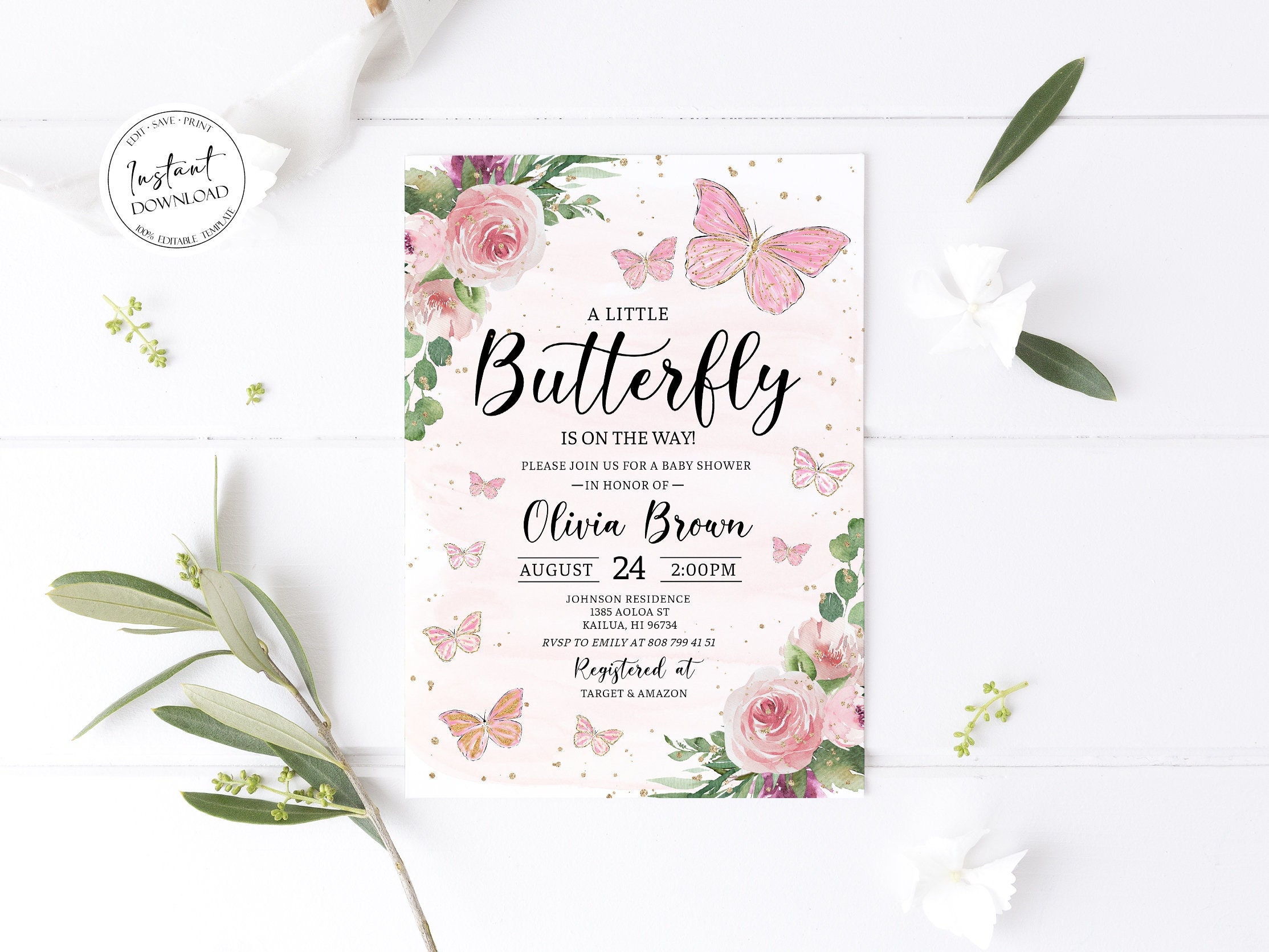 EDITABLE Butterfly Baby Shower Invitation, Girl Blush Pink Gold Floral ...