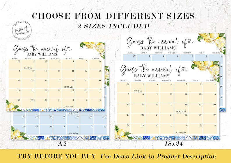 Editable Blue Tiles Lemon Baby Due Date Calendar Sign, Mediterranean ...