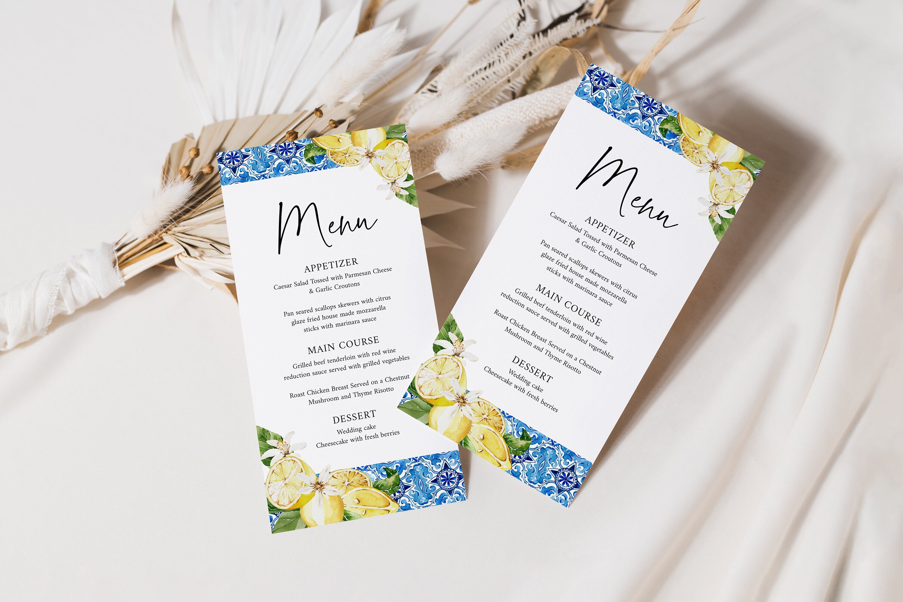 Blue Tiles Lemon Wedding Menu Template Editable Italian - Etsy