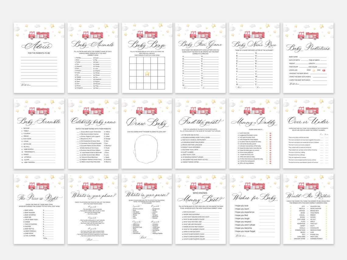 Firetruck Baby Shower Games Package Editable Firefighter Baby - Etsy