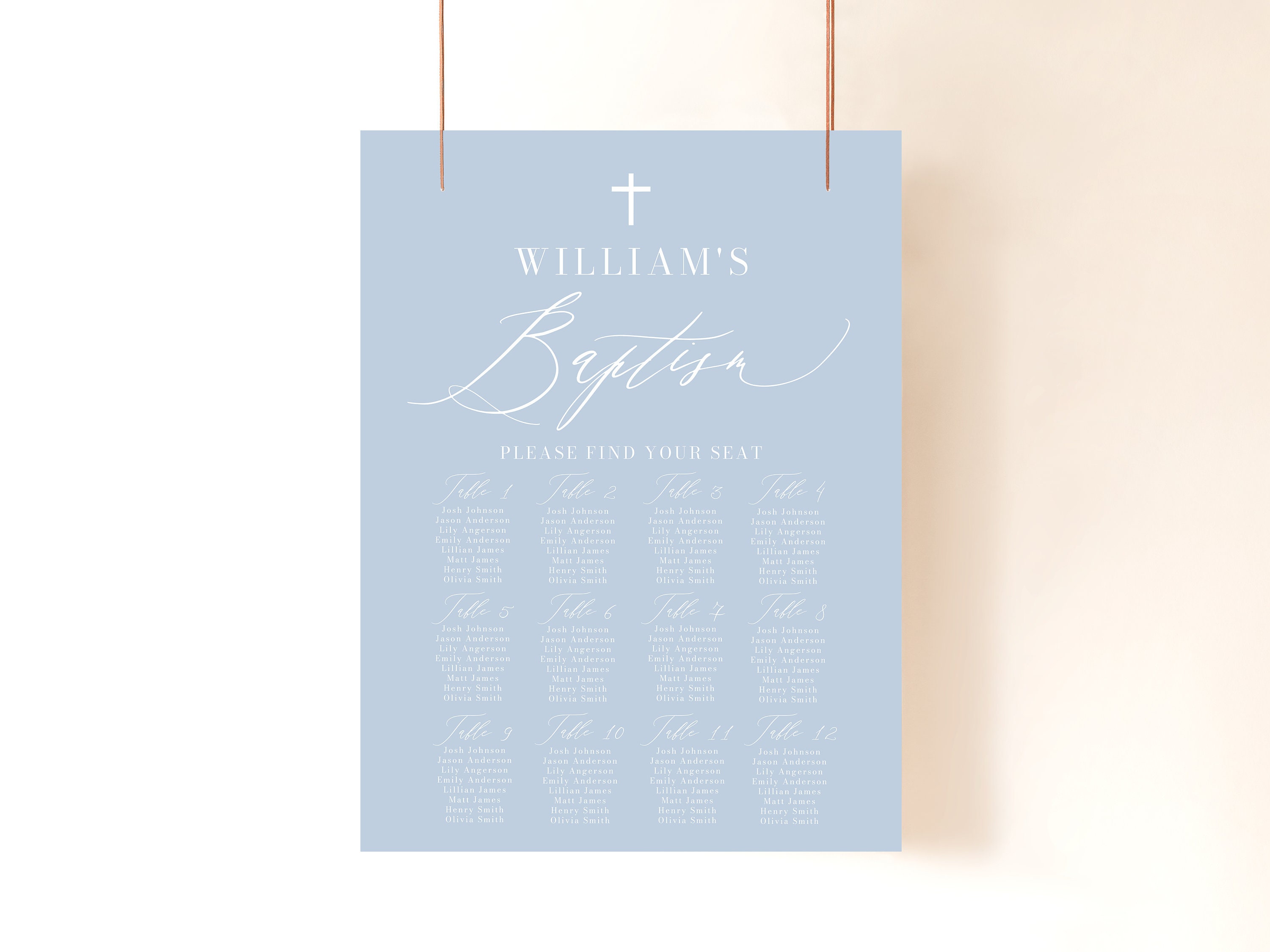 Dusty Blue Baptism Seating Chart Template, Editable White Cross Dusty ...